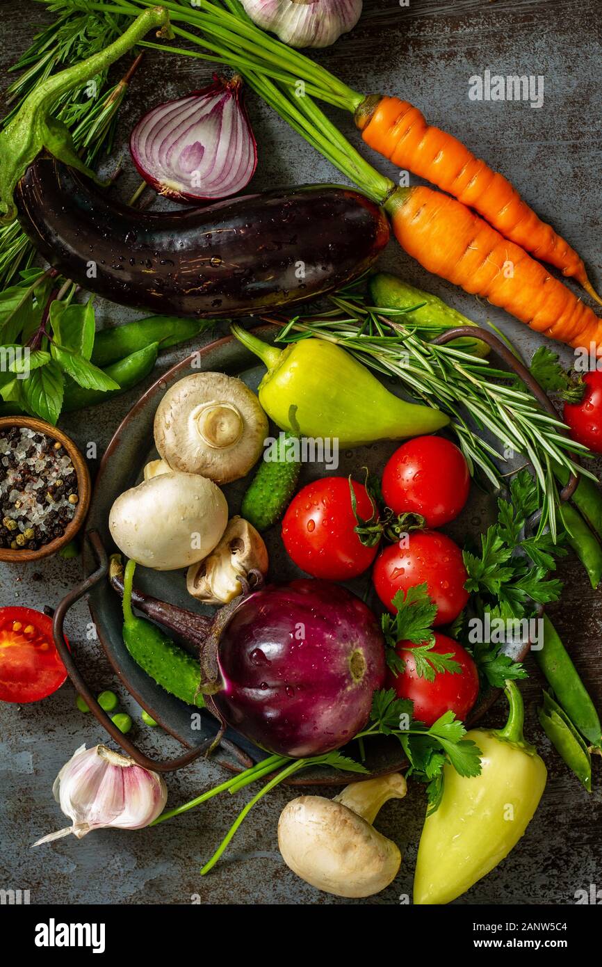 Organic food background. Assorted raw organic vegetables, healthy food ...