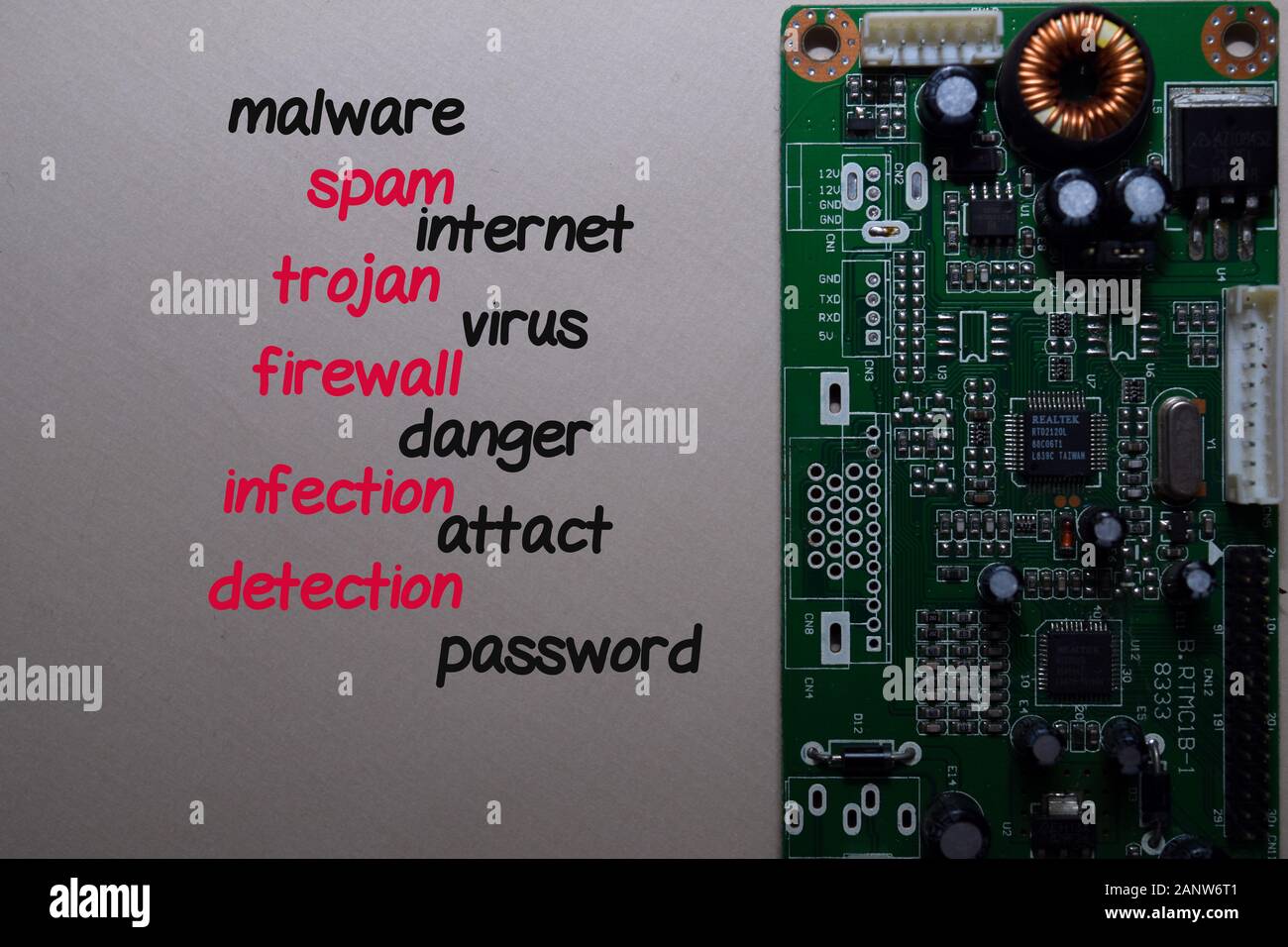 Virus write on a paper with keyword and circuit board computer isolated ...