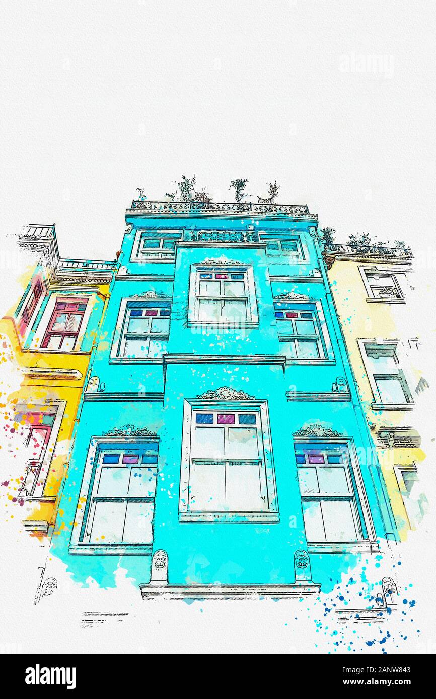 Watercolor sketch of ancient traditional apartment buildings in the ...