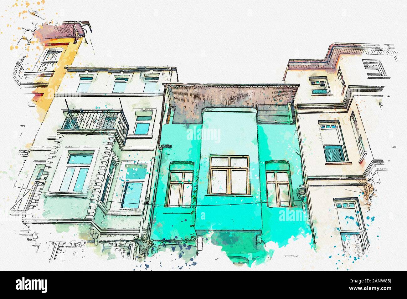 Watercolor sketch of ancient traditional apartment buildings in the ...