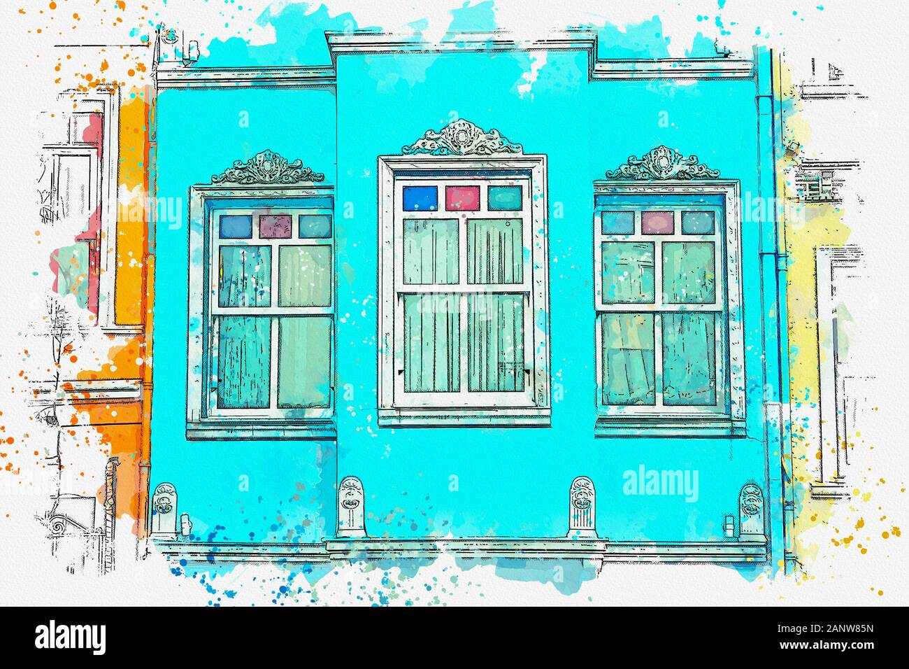 Watercolor sketch of old traditional residential buildings in Balat ...