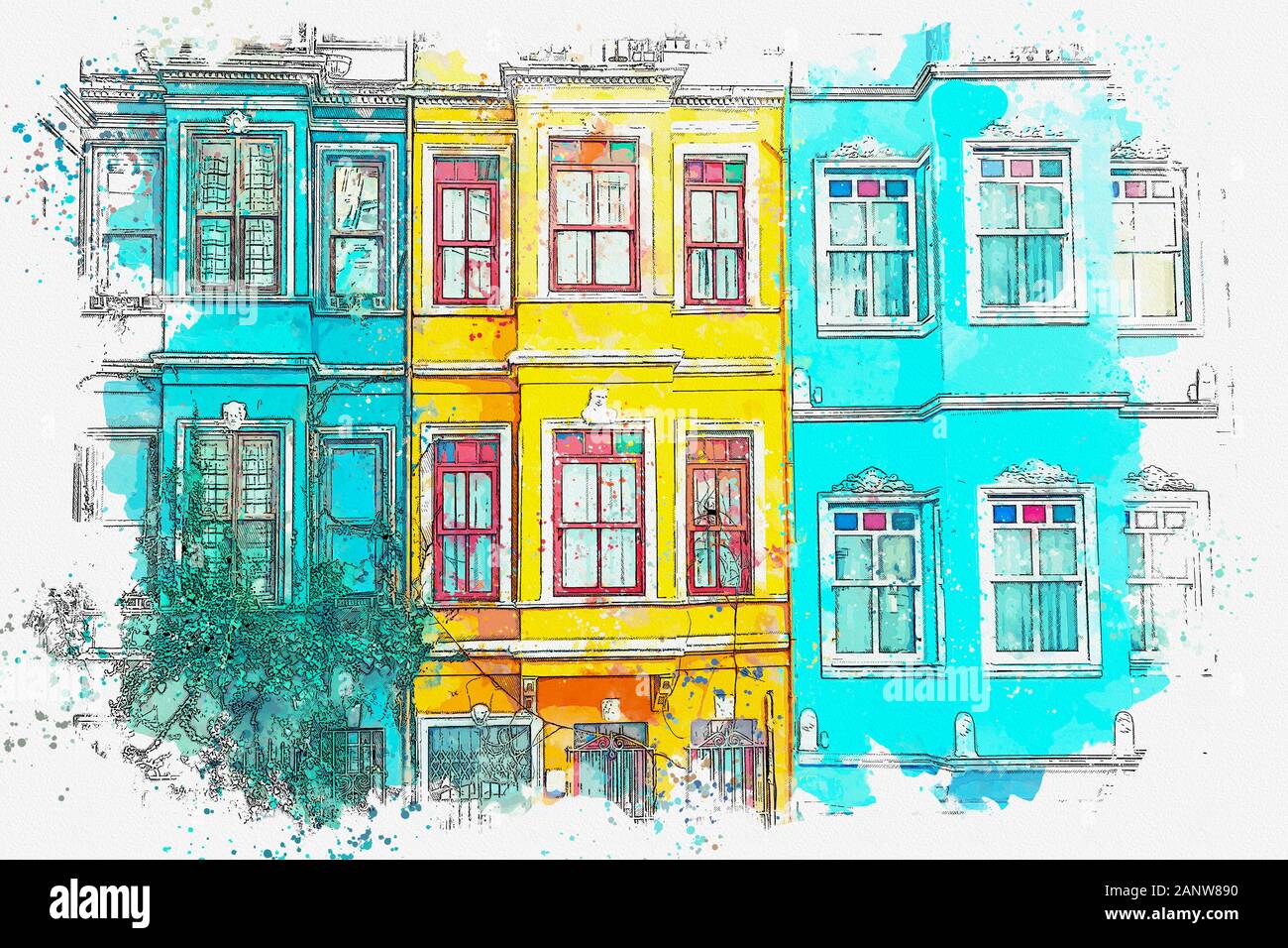 Watercolor sketch of ancient traditional apartment buildings in the ...