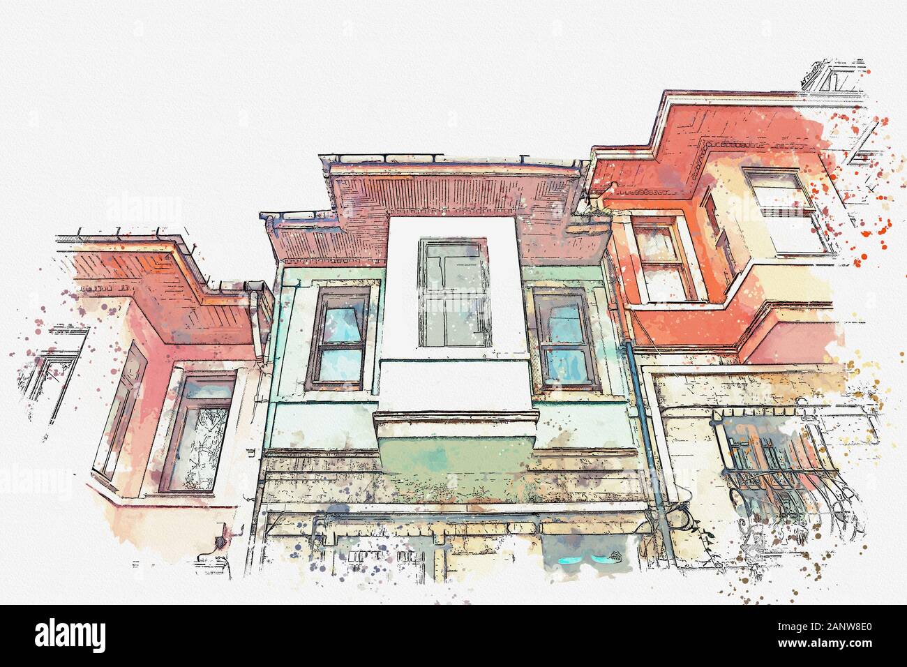 Watercolor sketch of ancient traditional apartment buildings in the ...