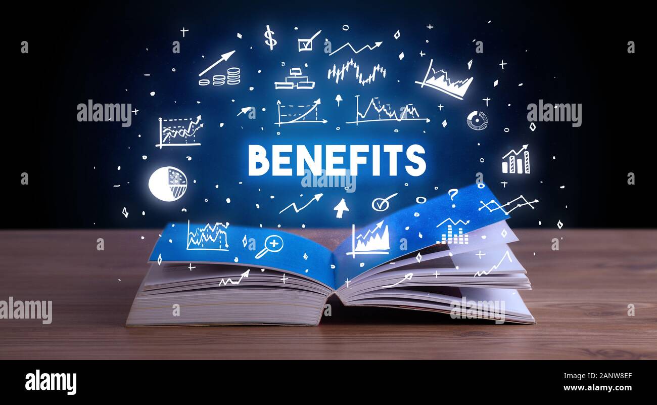 BENEFITS inscription coming out from an open book, business concept ...