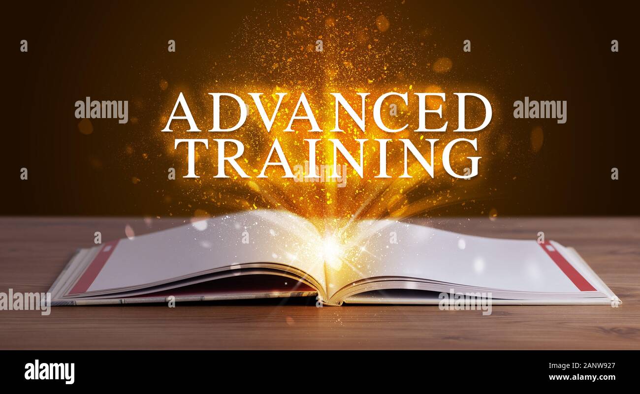 ADVANCED TRAINING inscription coming out from an open book, educational ...