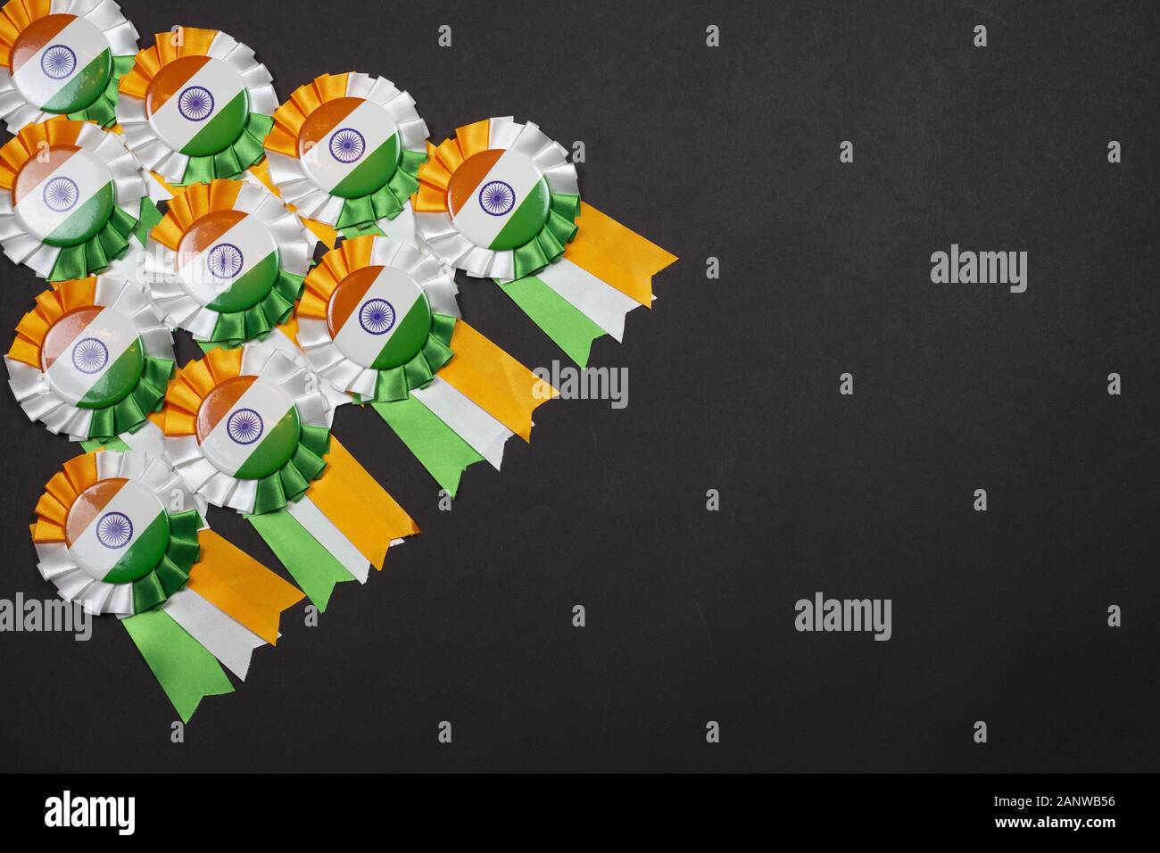 Indian flag badges on black background, tricolor, saffron, green and ...