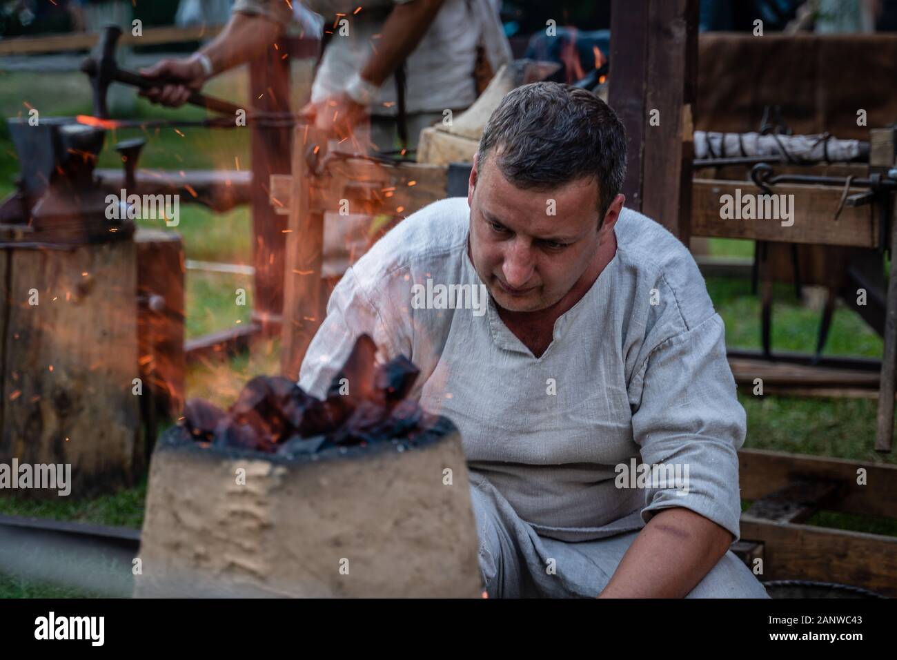 Forge in the open air during the living history festival. The ...