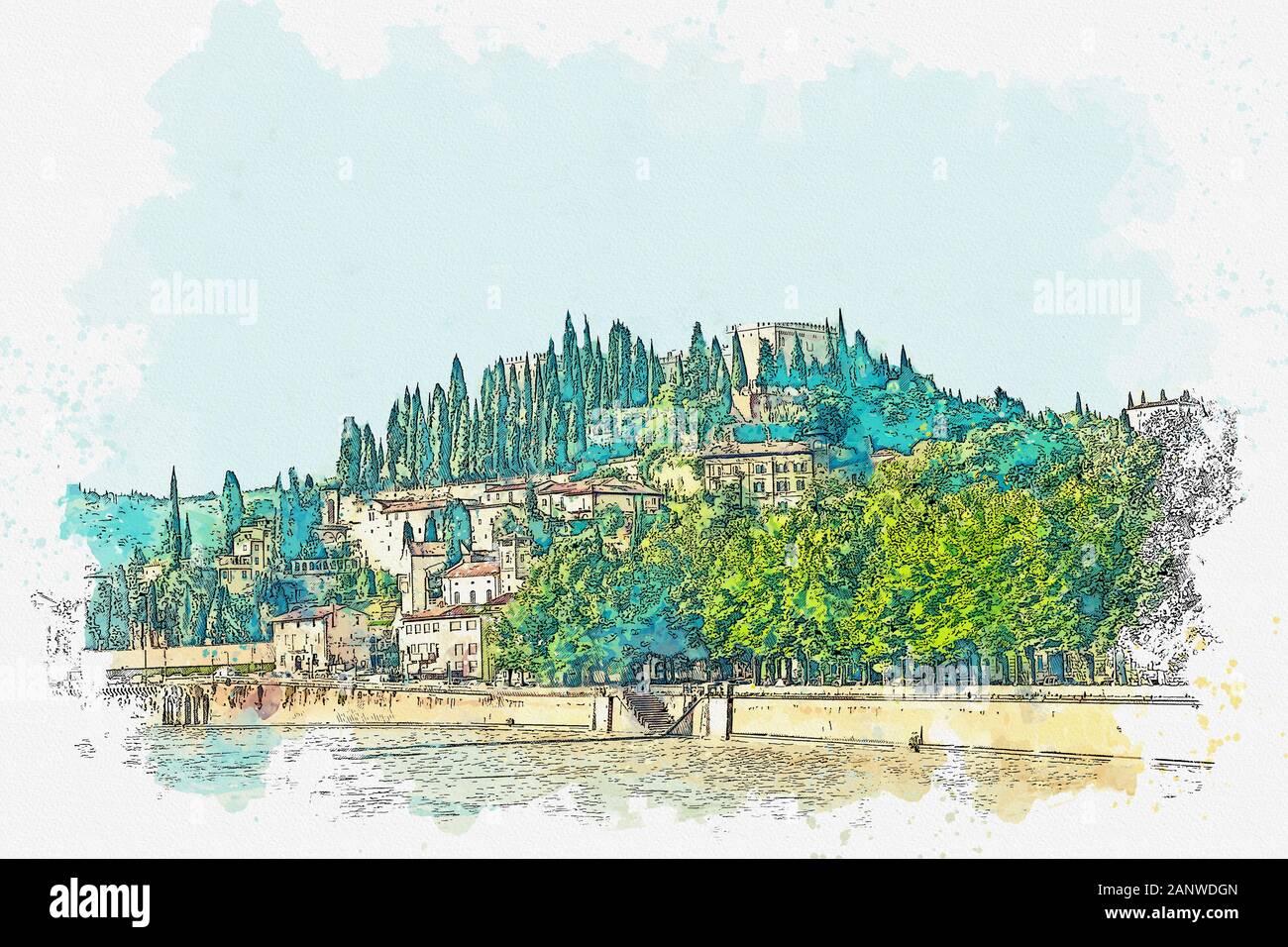 Watercolor sketch of a beautiful view of the traditional architecture ...
