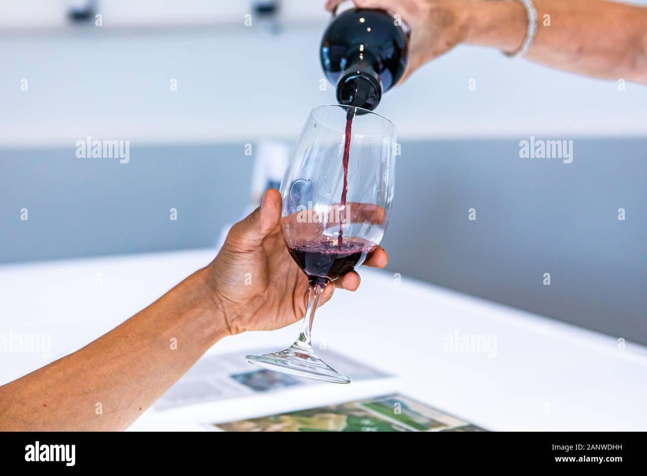red wine pouring from the bottle on the female bartender hand to the ...