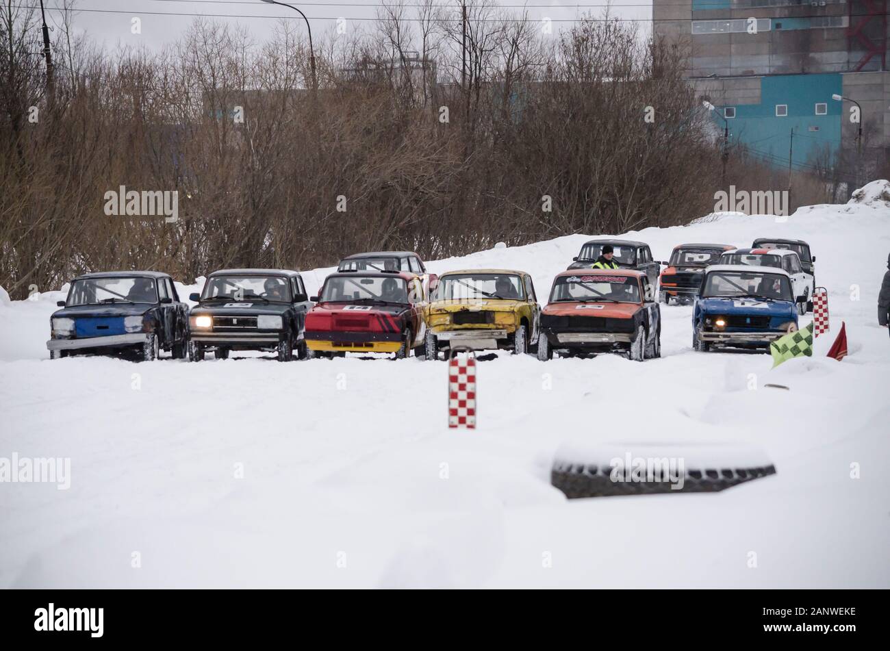 Winter racing on the ice track. Russian racing car company Lada Stock ...