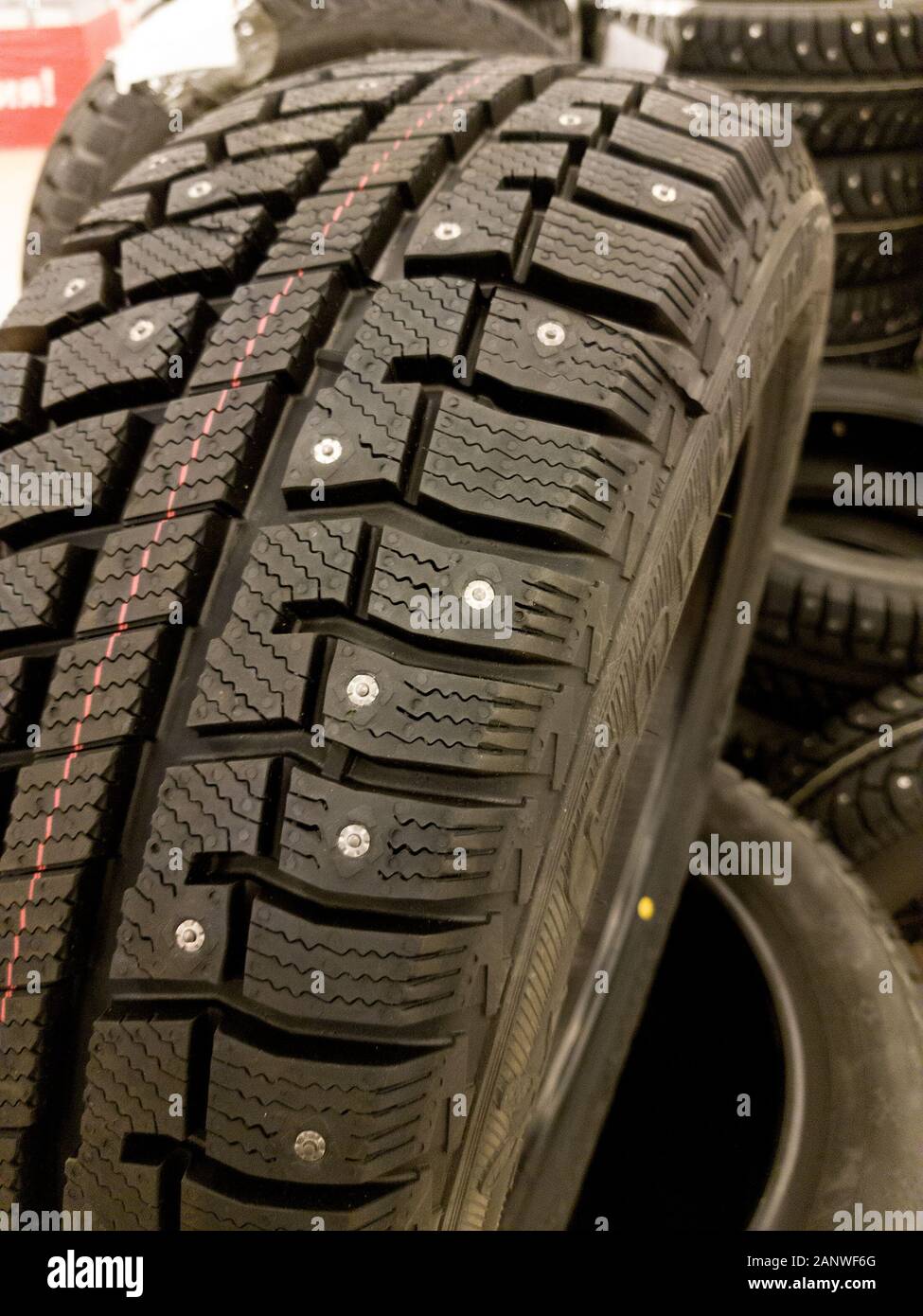 Rubber tire from car with spikes close-up, blurred background Stock ...