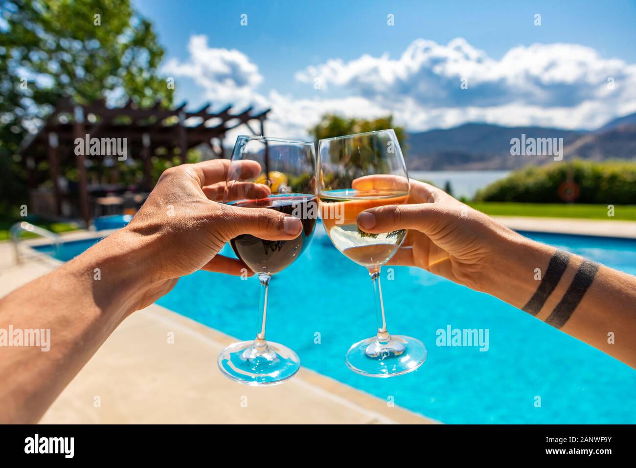 wines tasting enjoying on a winery restaurant patio with swimming pool ...