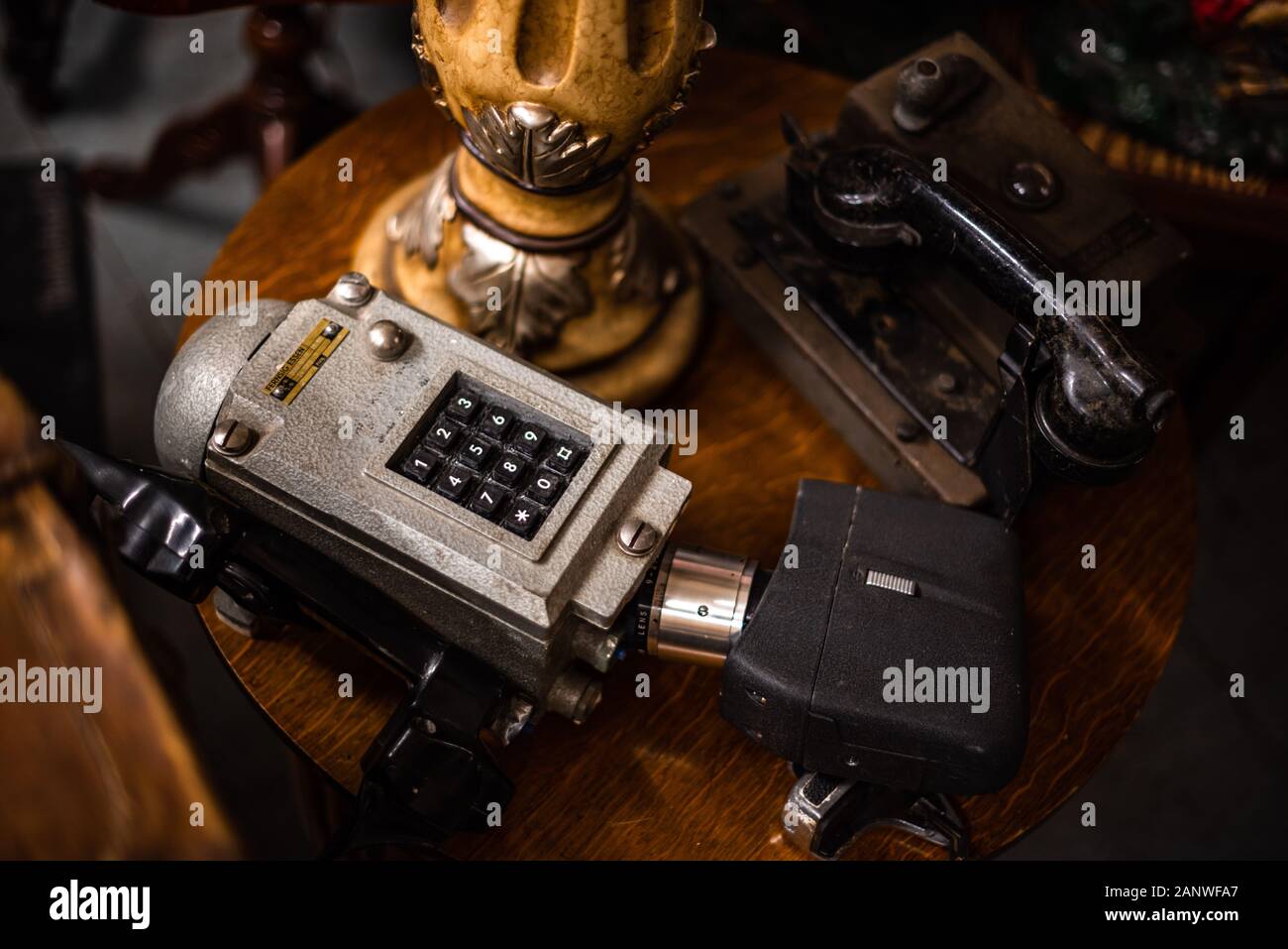 Vintage telephone over retro background antique house space for text ...