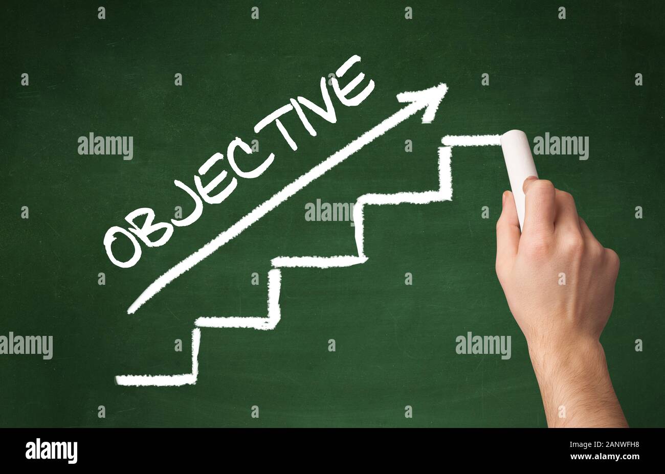 Hand drawing OBJECTIVE inscription with white chalk on blackboard ...