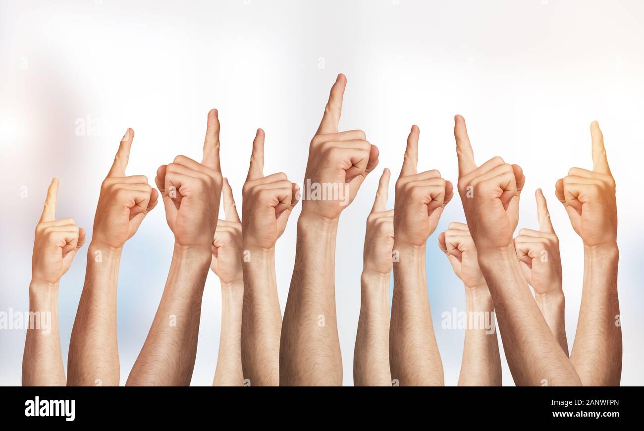 Row of man hands showing finger pointing gesture Stock Photo - Alamy