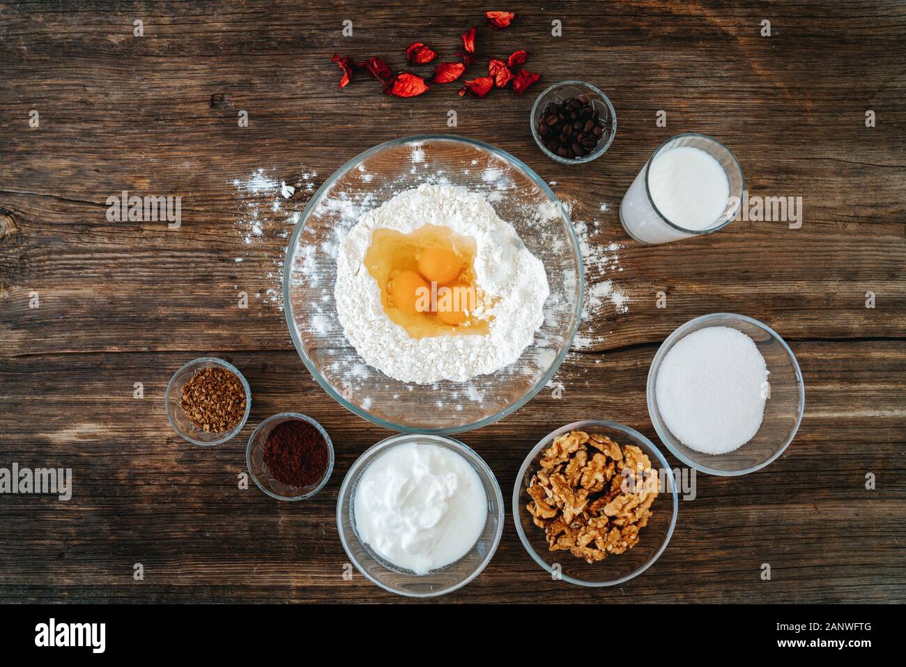 Bakery preparation in kitchen, dough recipe ingredients on vintage wood ...