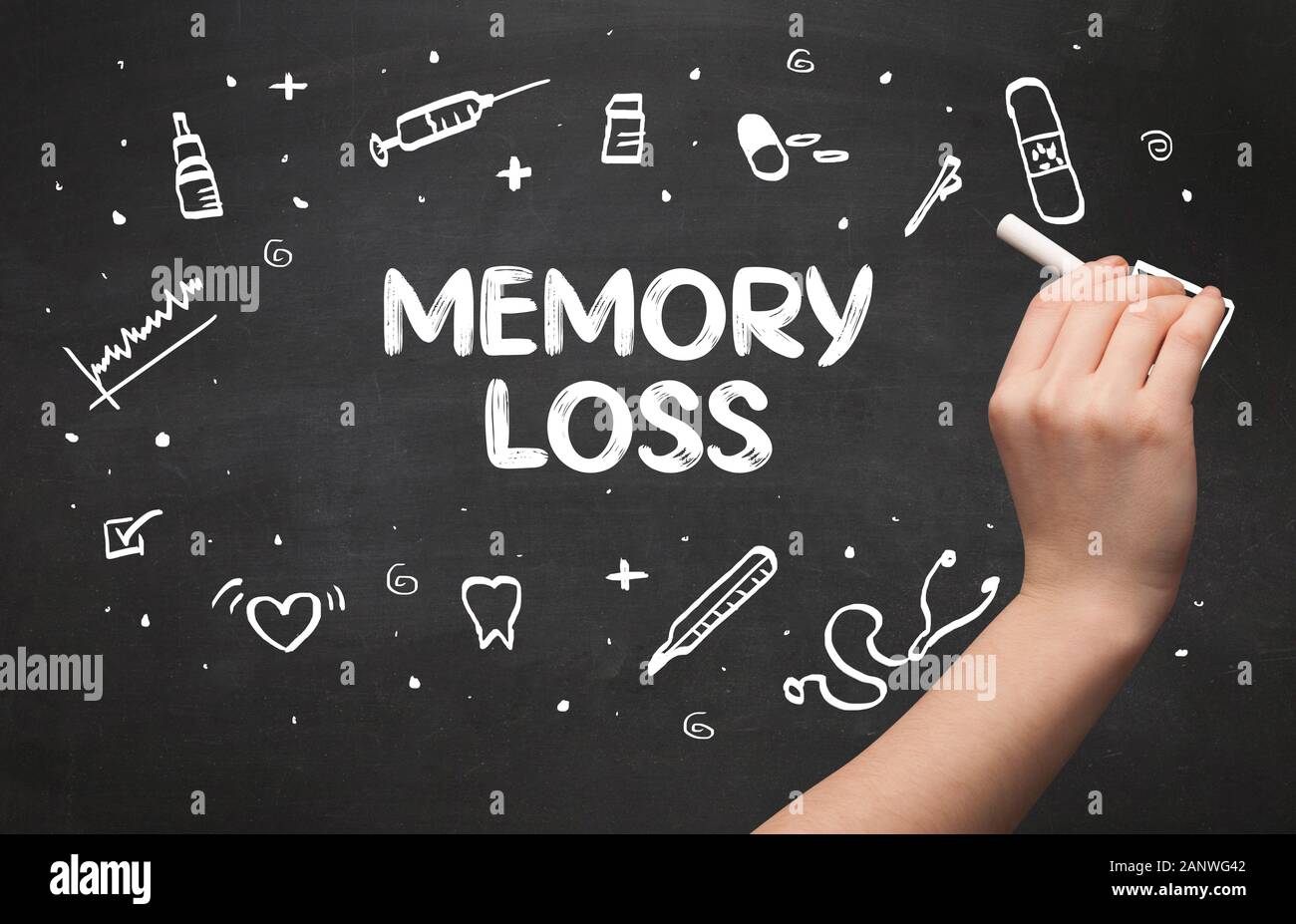 Hand drawing MEMORY LOSS inscription with white chalk on blackboard ...