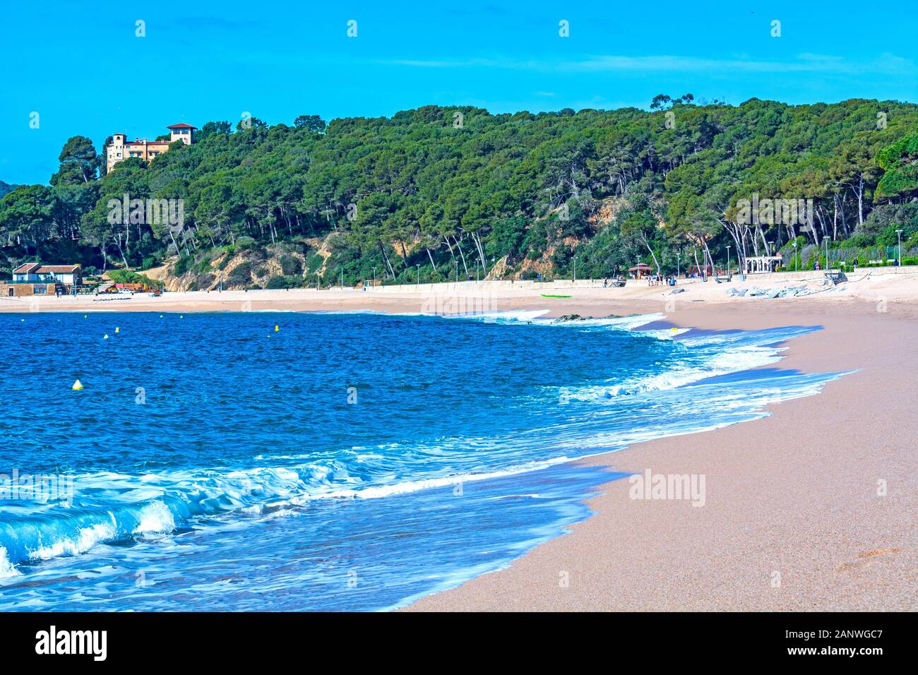 Sandy Fenals beach in LLoret de Mar resort at Mediterranean Sea, Costa ...