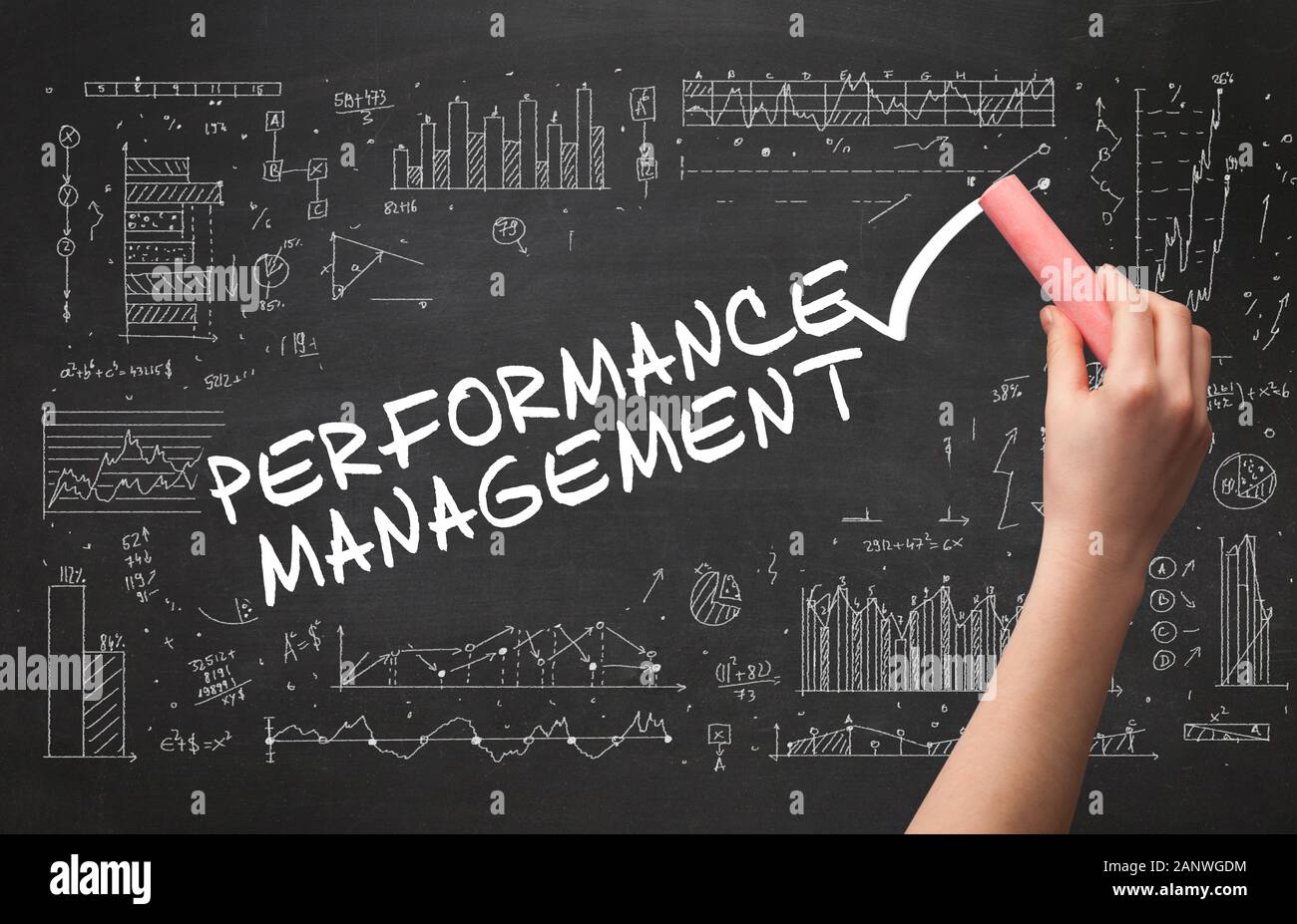 Hand drawing PERFORMANCE MANAGEMENT inscription with white chalk on ...