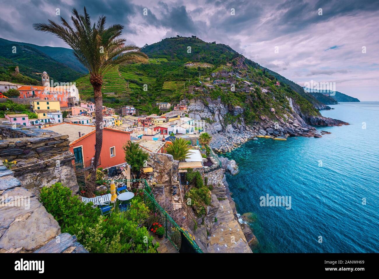 Vernazza village panorama view from the tower of Doria castle. Amazing ...