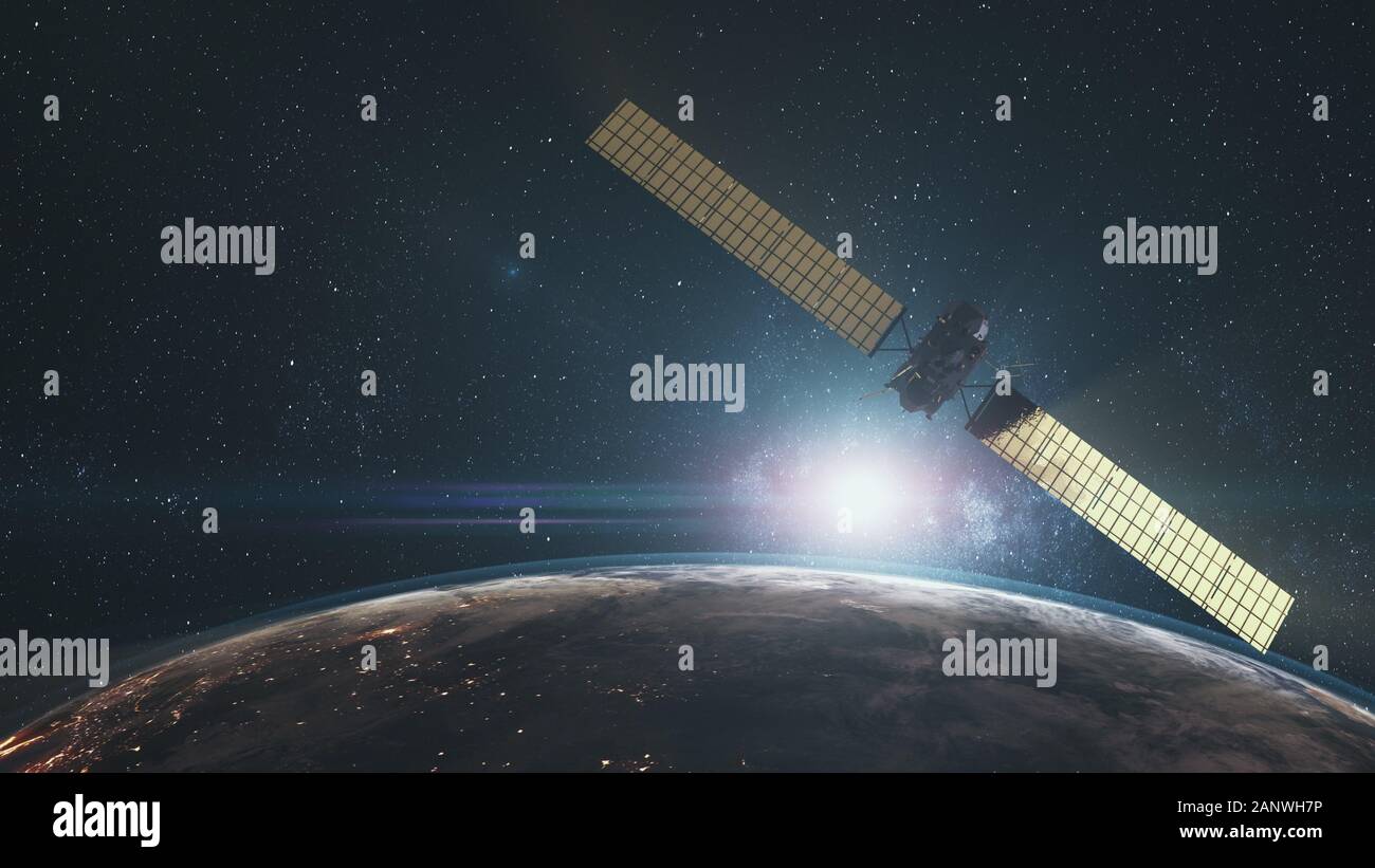 Modern space probe flying near rotating planet. Rosetta over Earth ...
