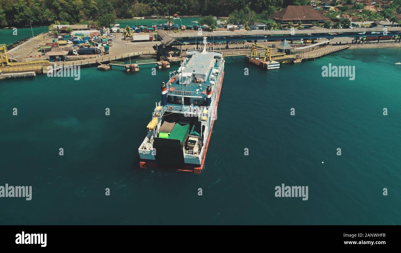 Aerial Top Drone Flight over Big Ferry Boat Sailing to the Island ...