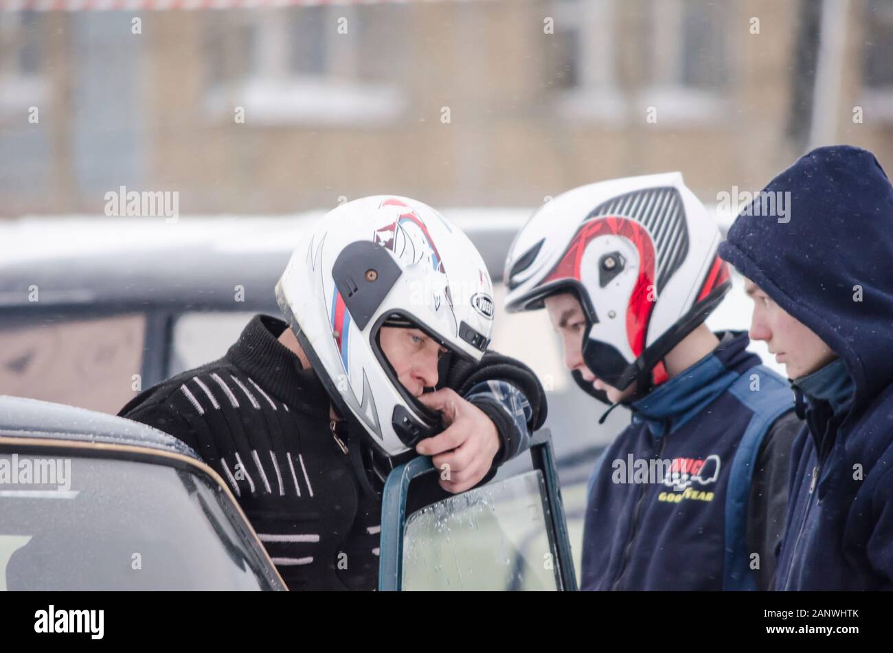 Winter racing on the ice track. Russian racing car company Lada Stock ...