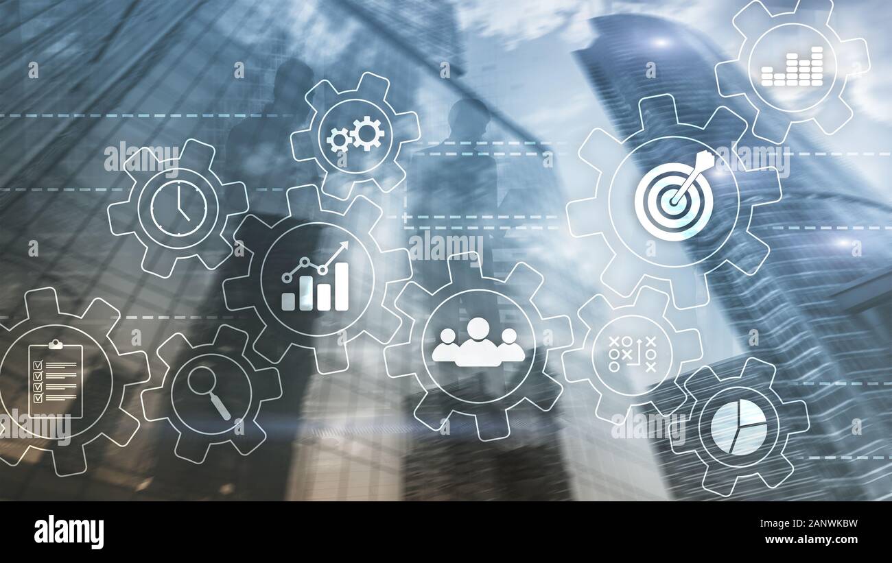 Business process automation concept. Gears and icons on abstract ...