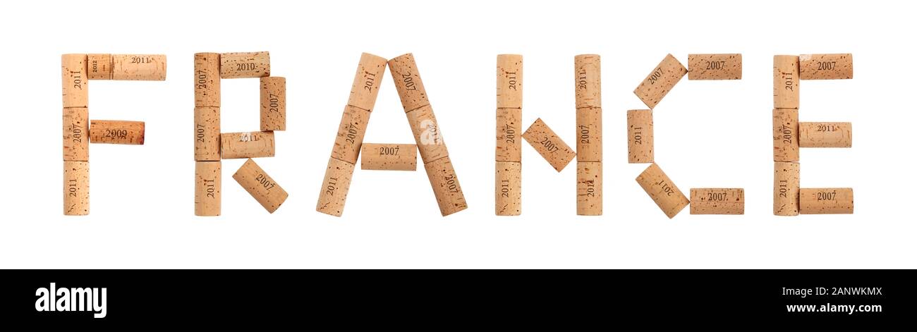 Word FRANCE shaped by natural wooden red wine bottle corks of different ...