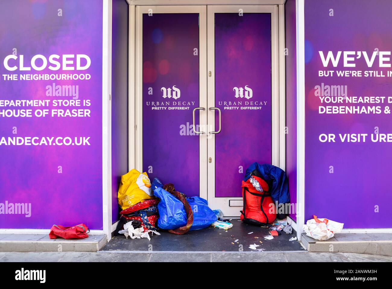 Homeless People Belonging in a Retail Shop Doorway, UK Stock Photo - Alamy