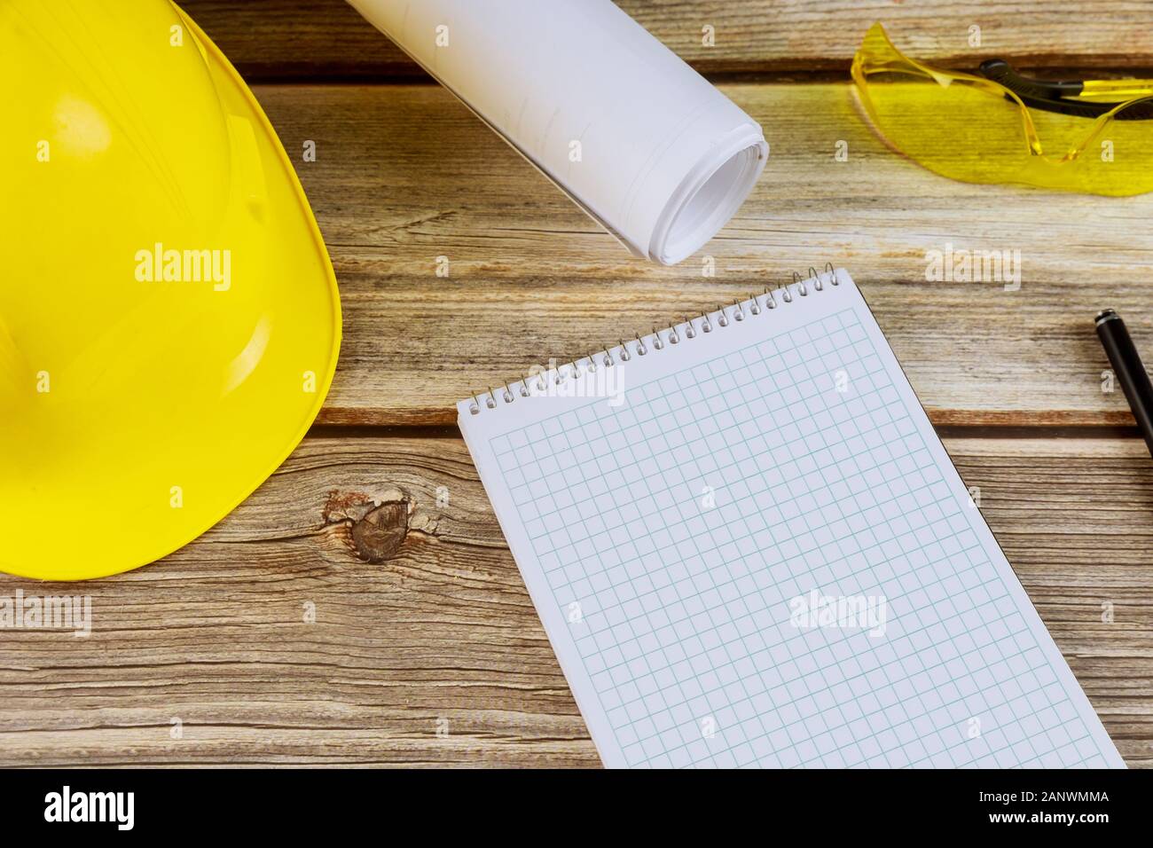 Working equipment office desk table with equipment of construction ...