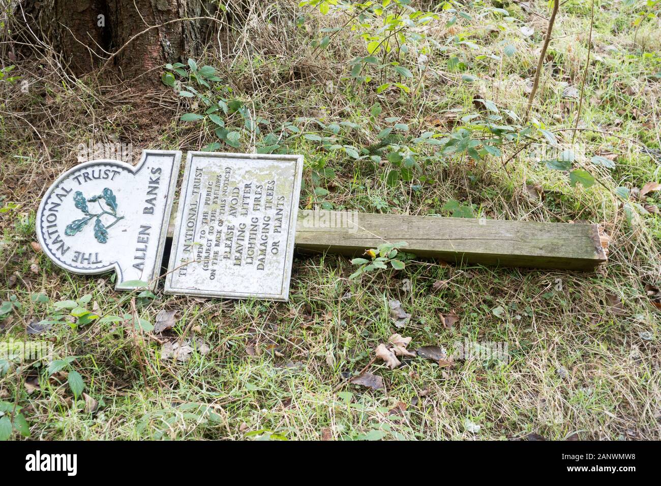 A damaged, possibly vandalised, National Trust sign for Allen Banks ...