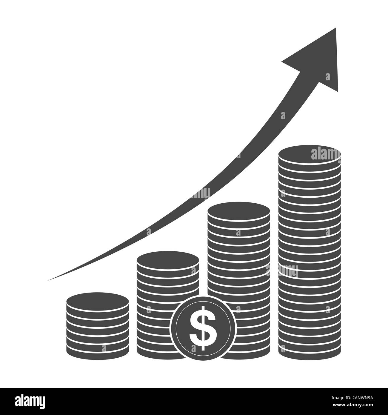 Coin icon in flat design. Black dollar symbol. Income concept. Heap of ...