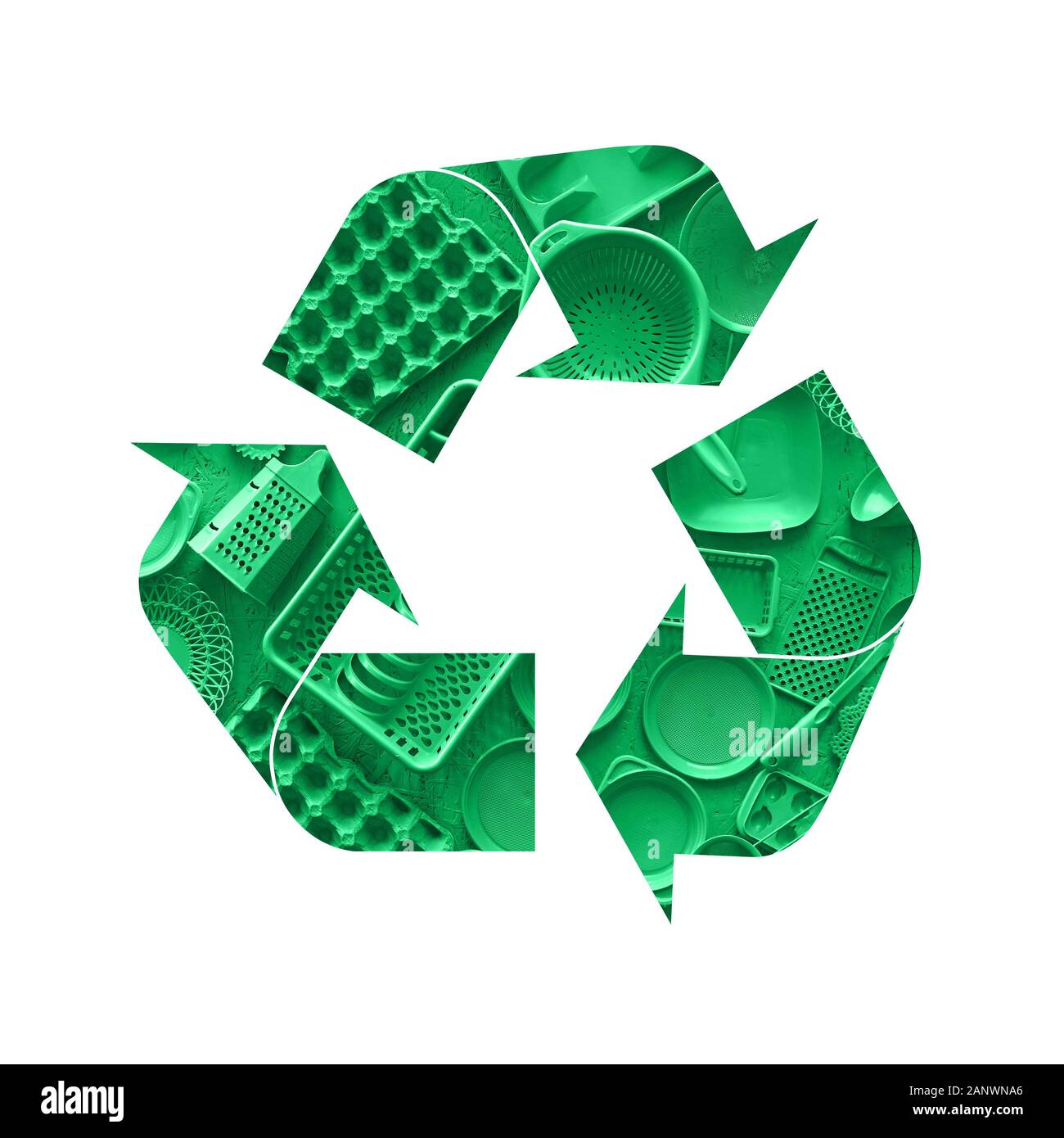 Illustration recycling symbol of green plastic disposable tableware ...