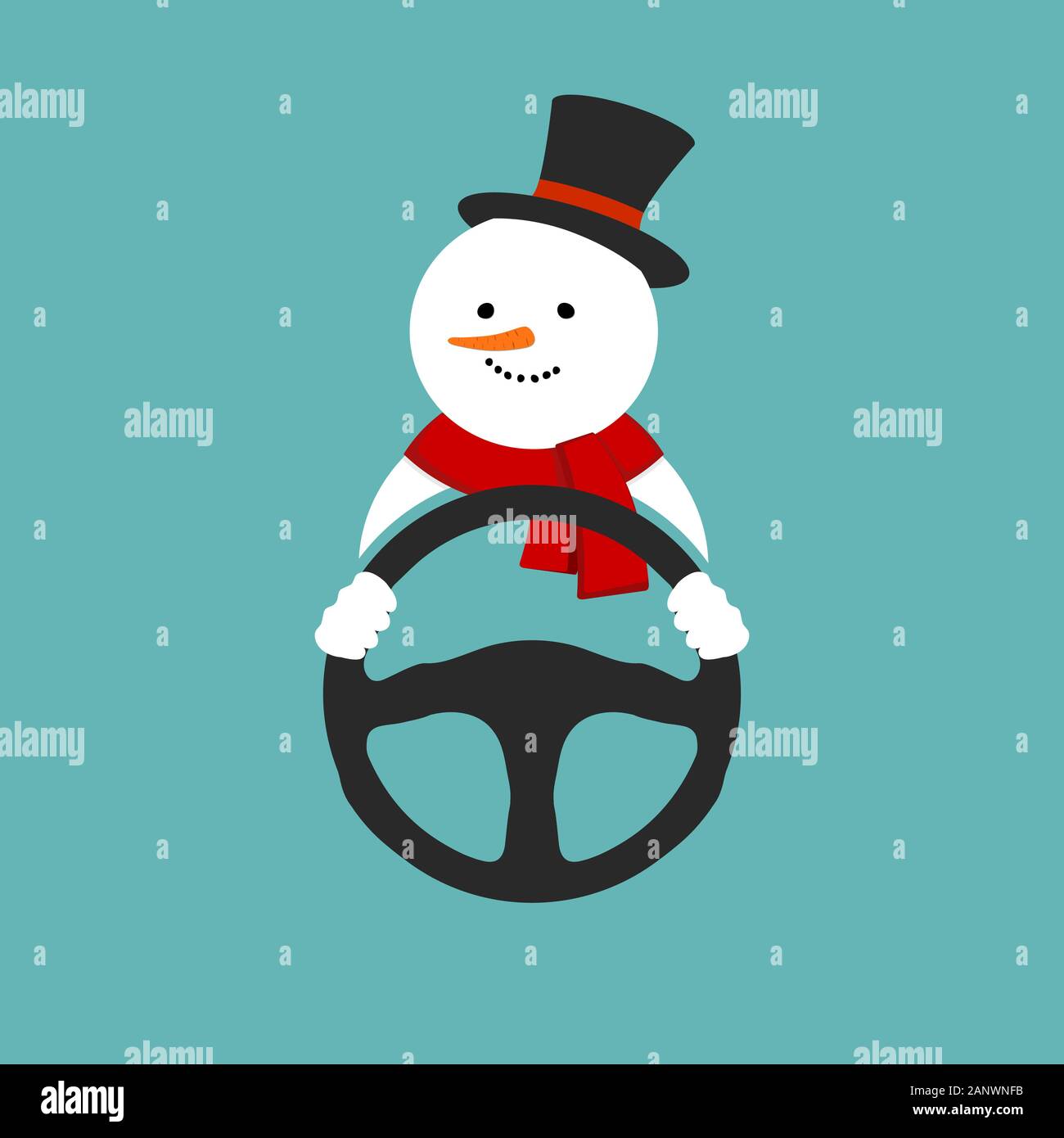 Snowman with steering wheel and red scarf. Snowman holding the steering ...