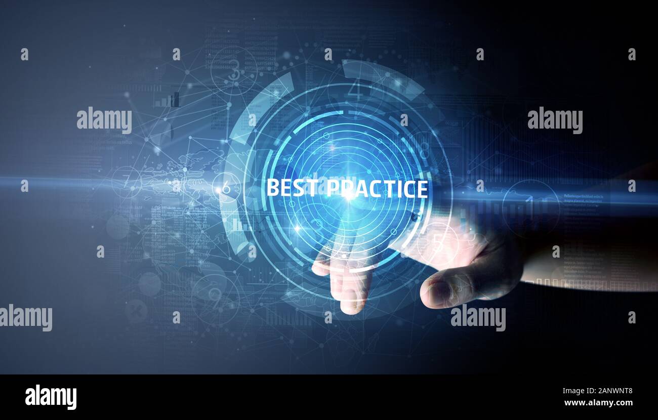 Hand touching BEST PRACTICE button, modern business technology concept ...