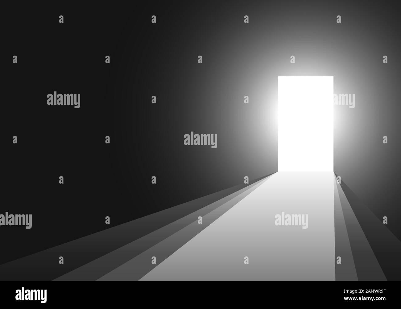 Open door with light on black background. Light through the open door ...