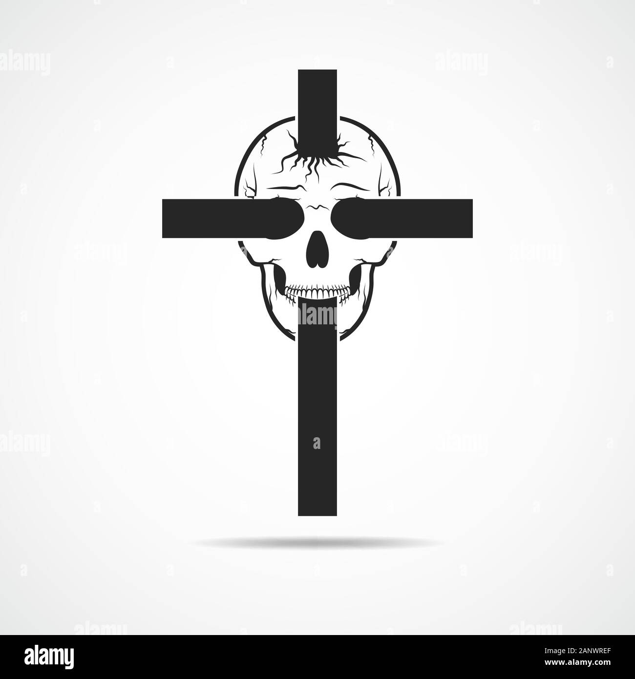 Black human skull with christian cross, isolated on light background ...
