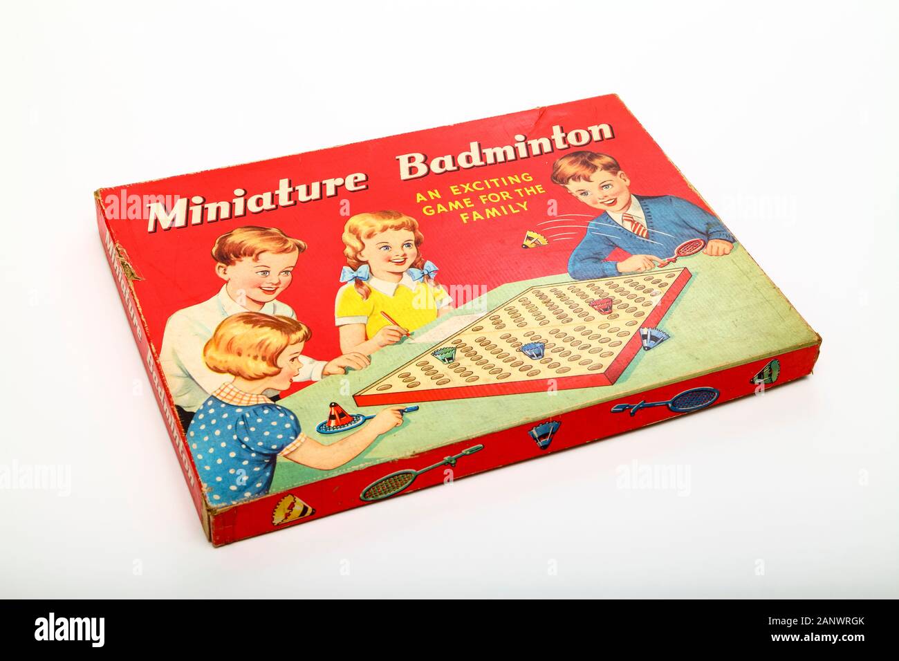 Miniature badminton game circa 1970s isolated on a white background ...