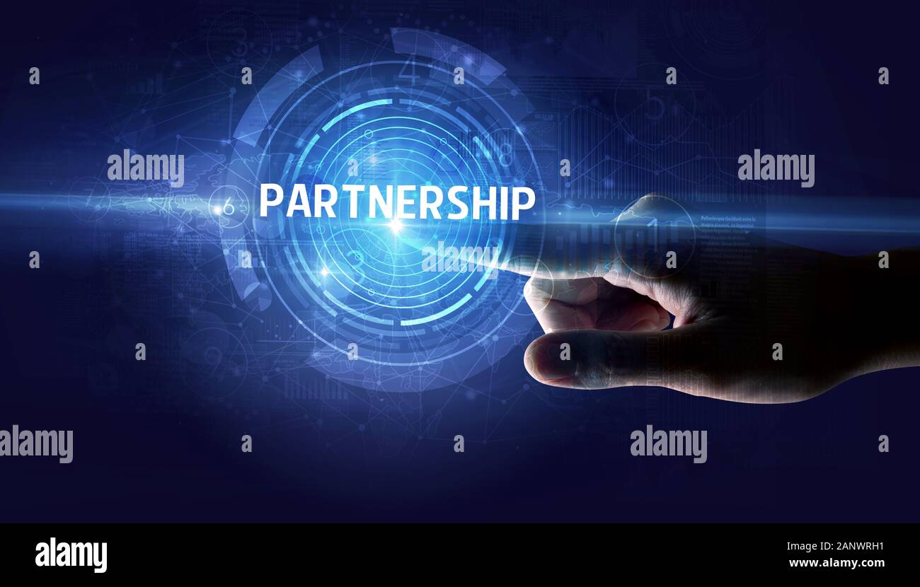 Hand touching PARTNERSHIP button, modern business technology concept ...