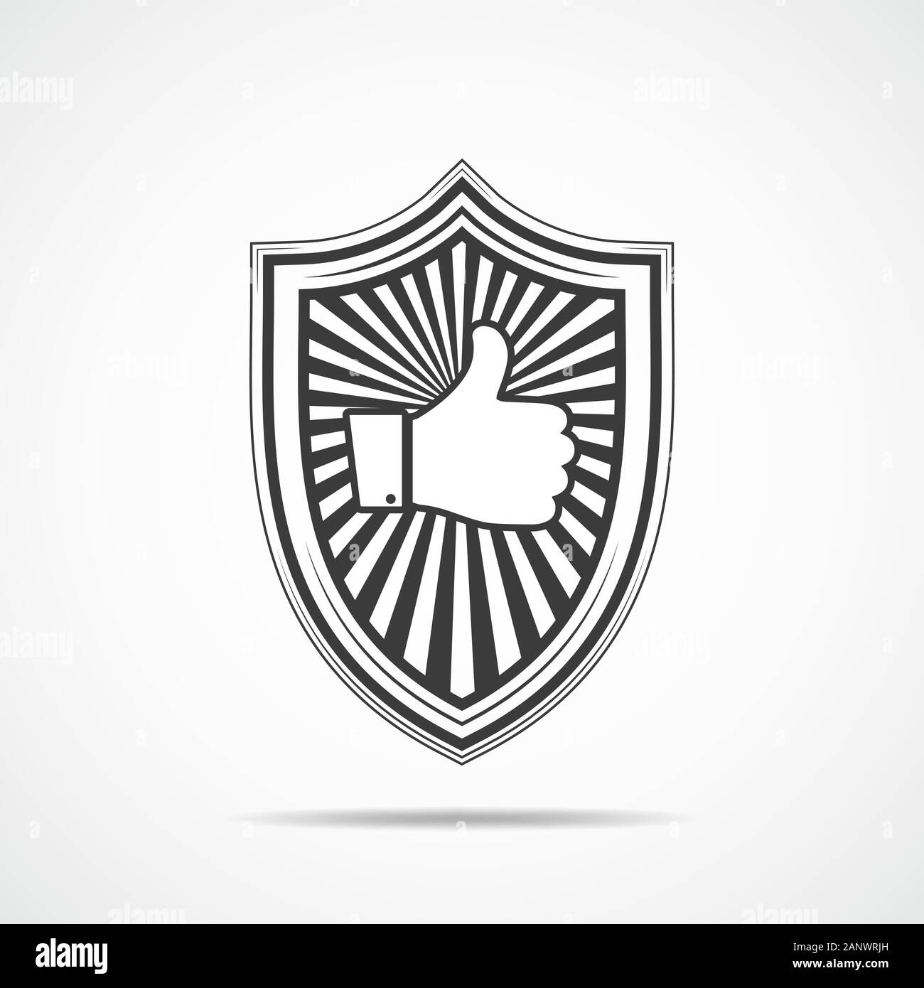 Black shield with like hand icon, on light background. Shield icon in ...