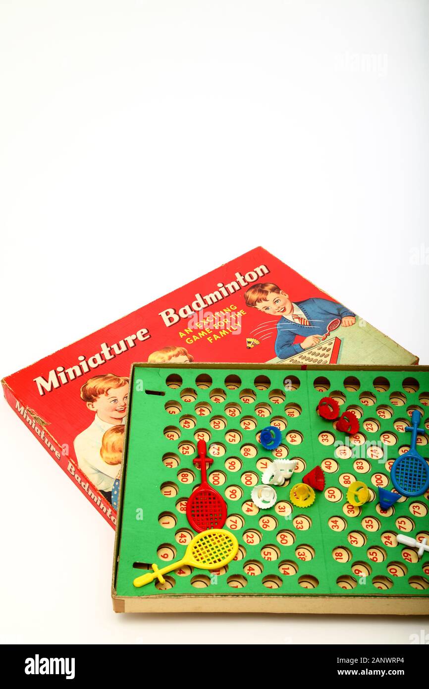 Miniature badminton game circa 1970s isolated on a white background ...