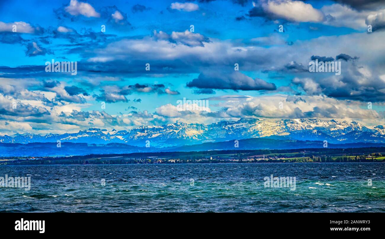 The view on the Lake Constace, Bodensee. In the background is big snowy ...