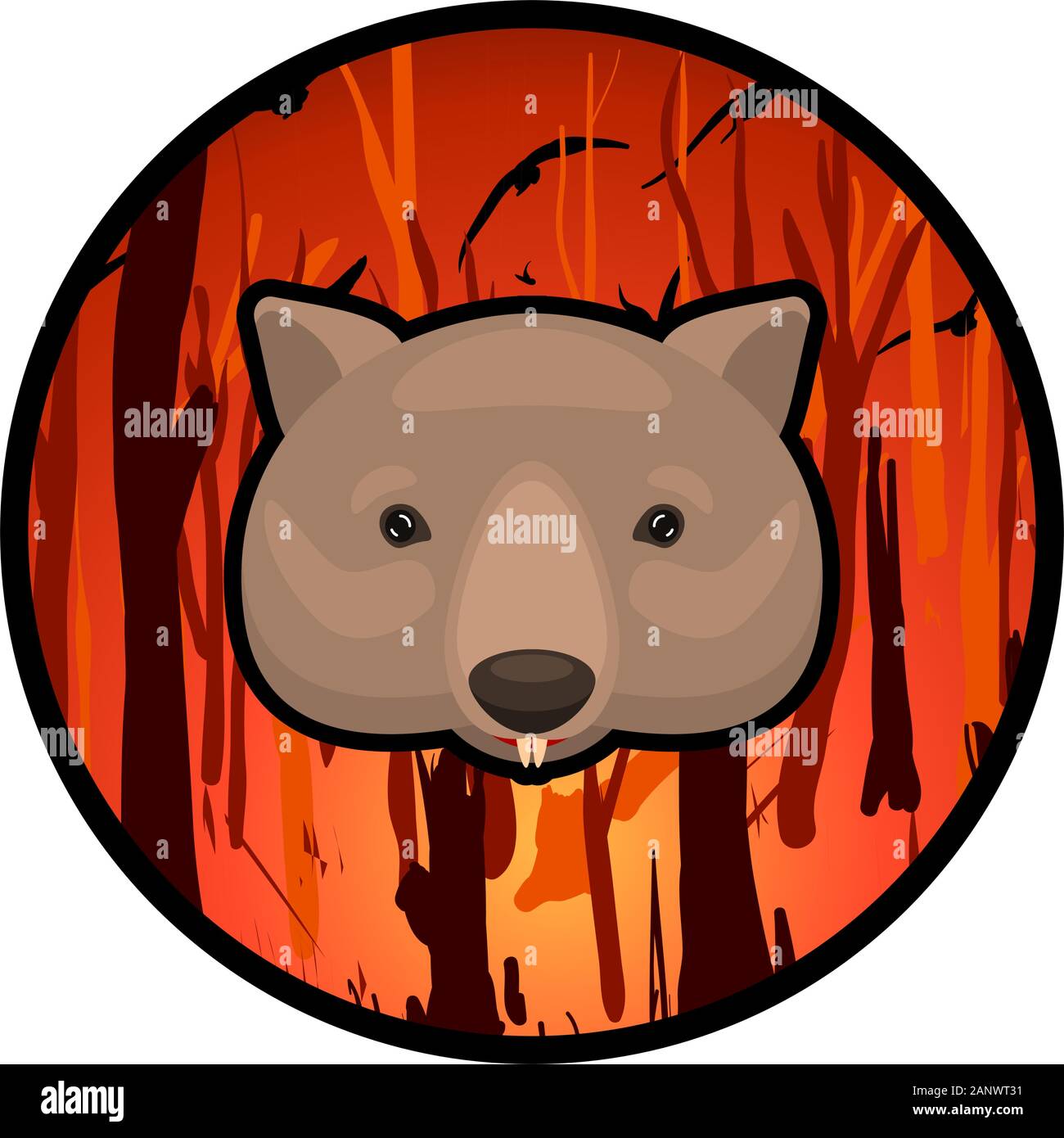 weeping wombat icon on a burning Australian forest background. Cartoon ...