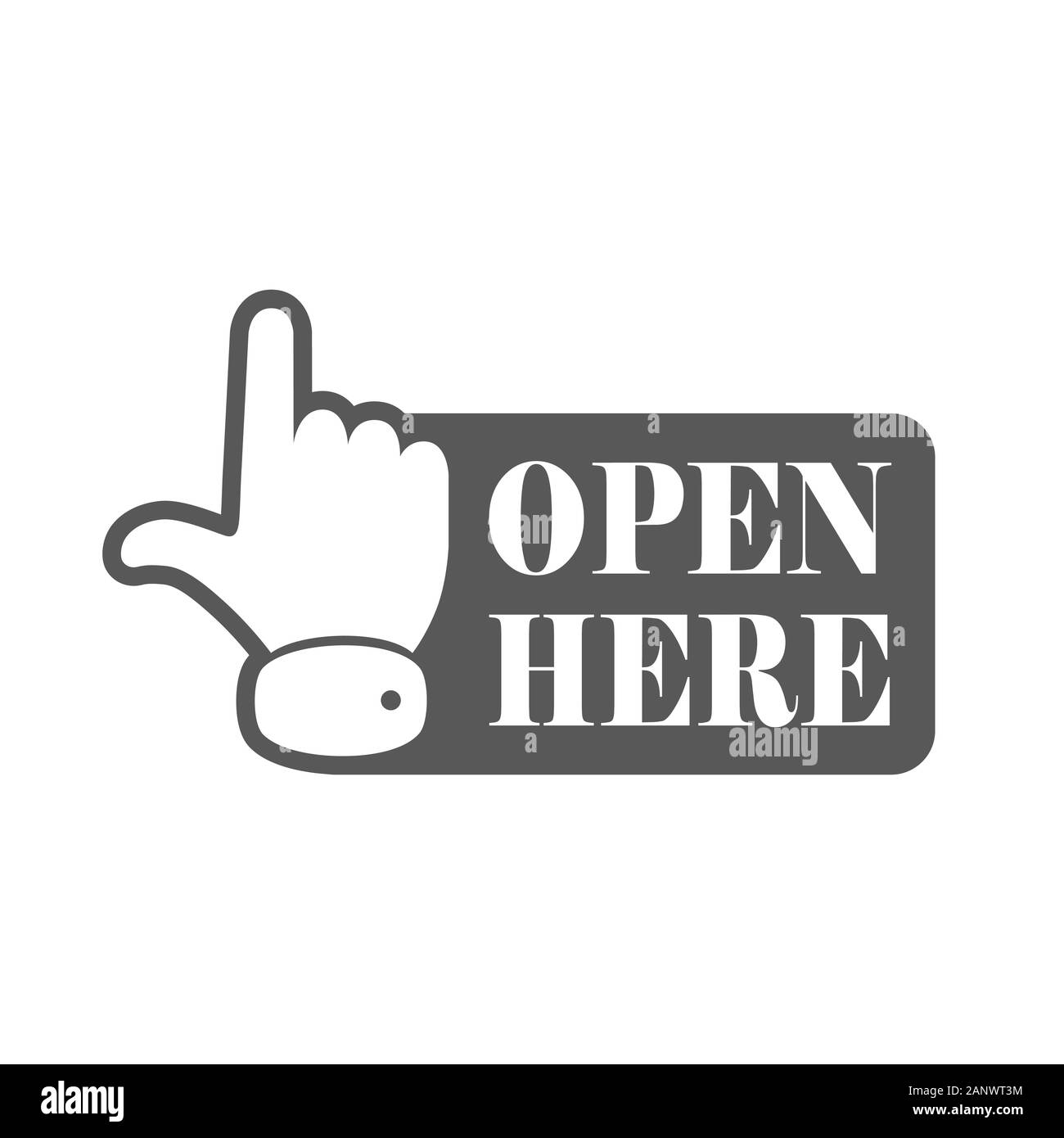 Open here sign with hand icon and with text. Gray open here icon ...