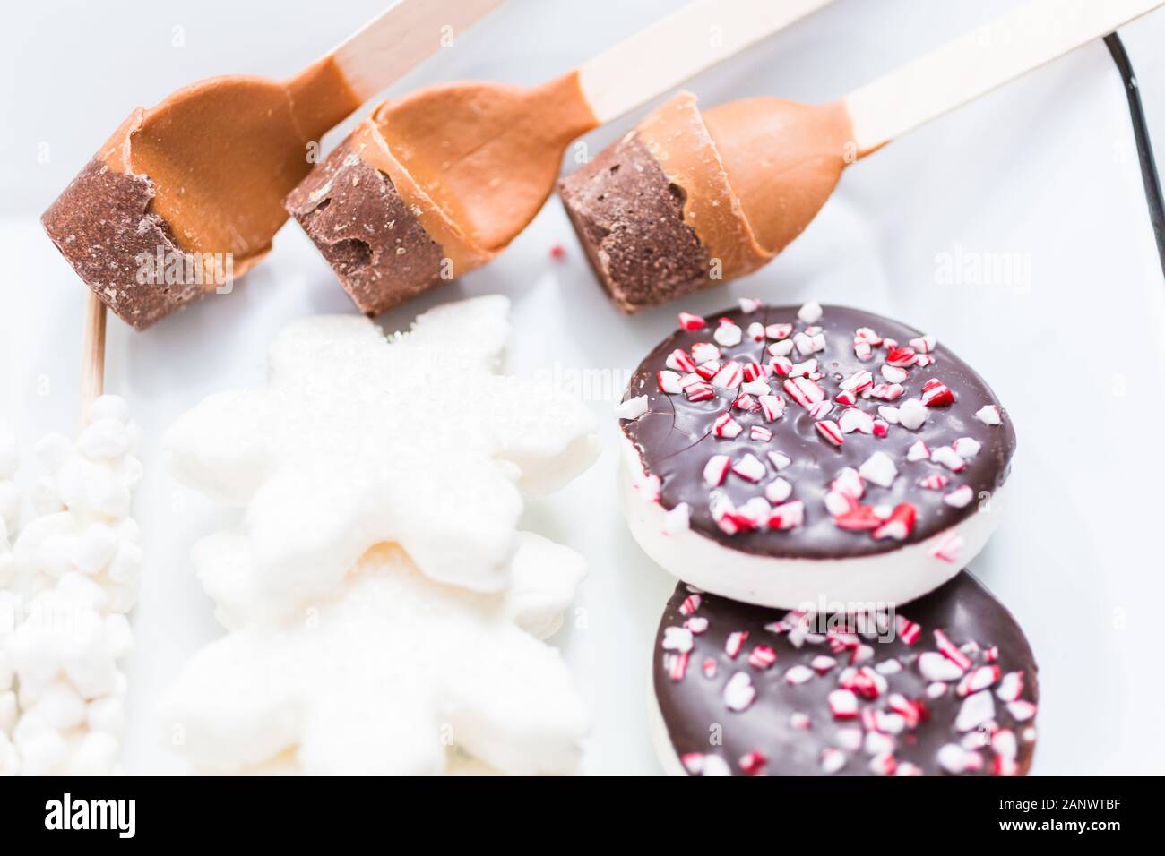 Close up view. Variety of marshmallow toppings with peppermint and ...