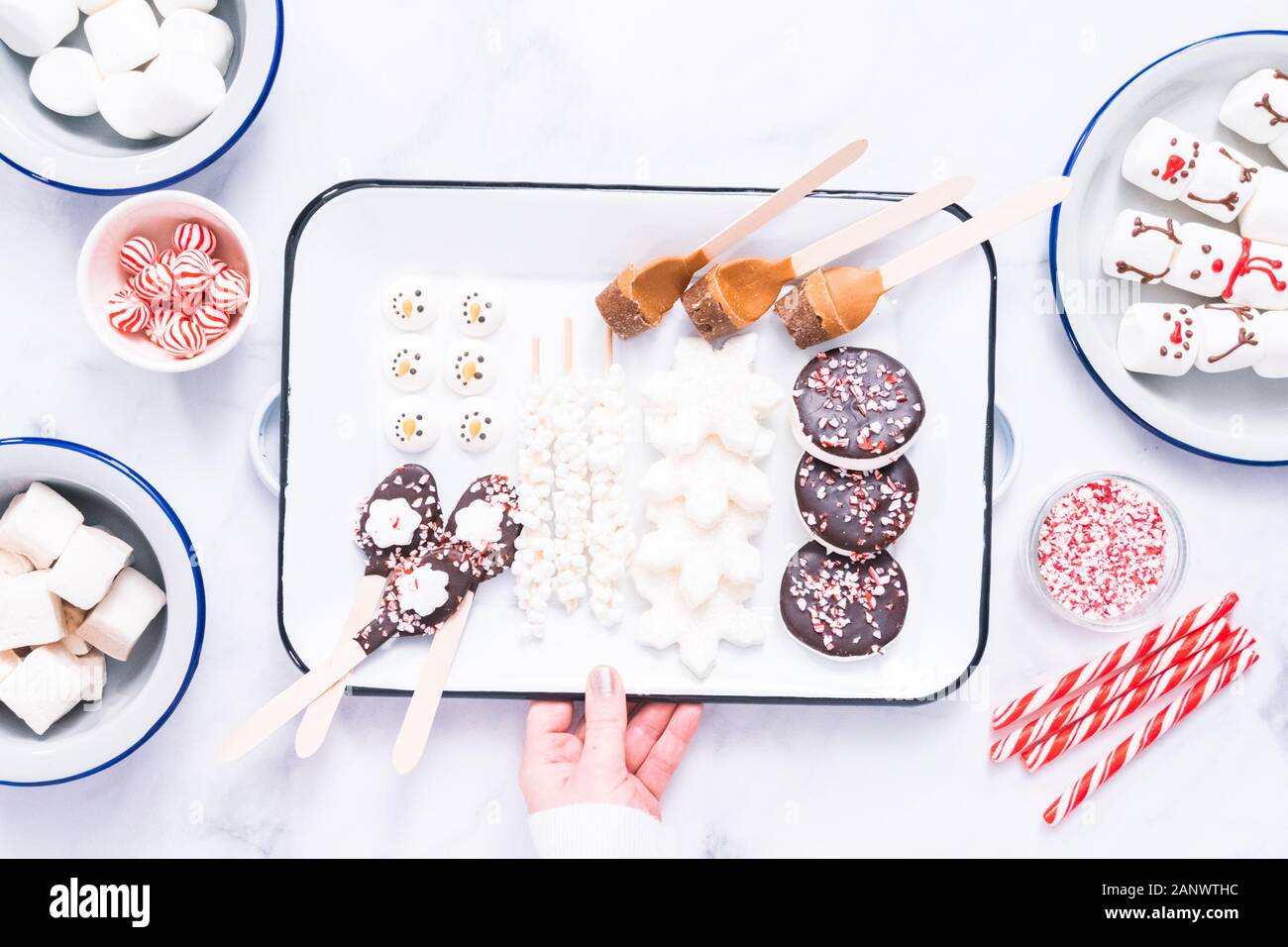 Flat lay. Variety of marshmallow toppings with peppermint and chocolate ...