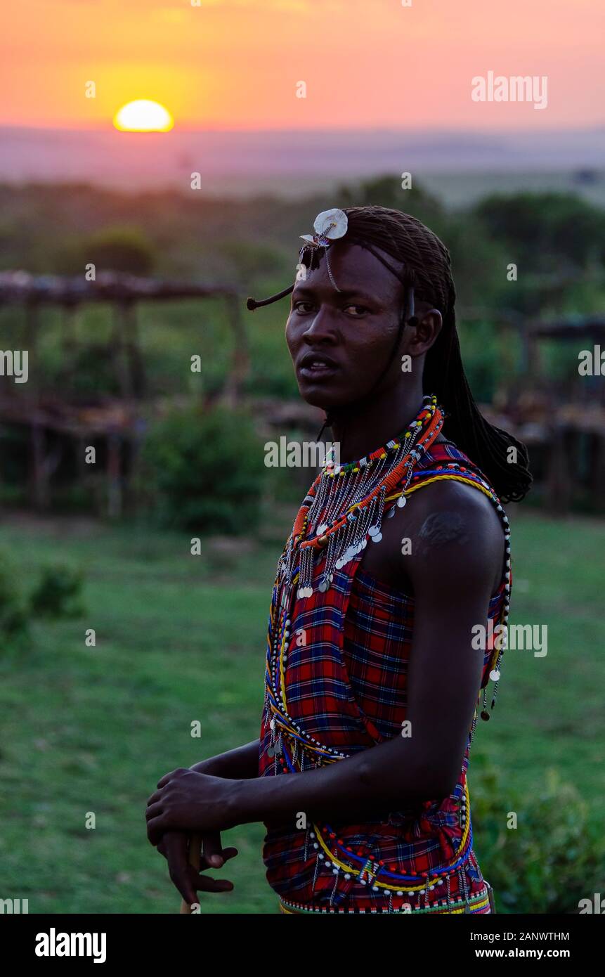 A group masai tribesman dancing in the village inside Masai Mara ...