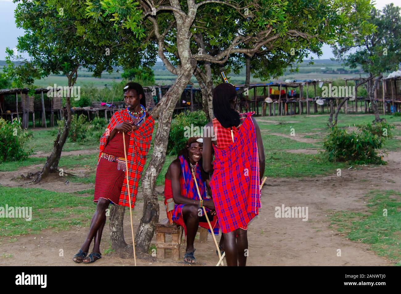 A group masai tribesman dancing in the village inside Masai Mara ...