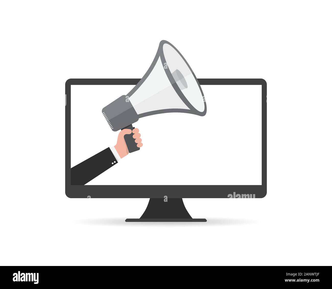 Loudspeaker or megaphone in the male hand coming out from screen of ...